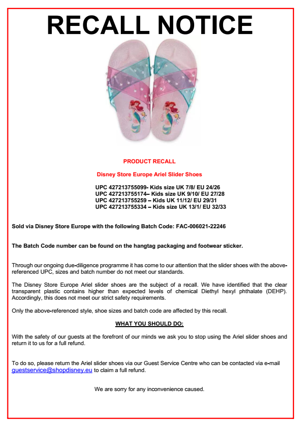PRODUCT RECALL - Minnie Mouse & Ariel sliders – Disney Store Guest Services